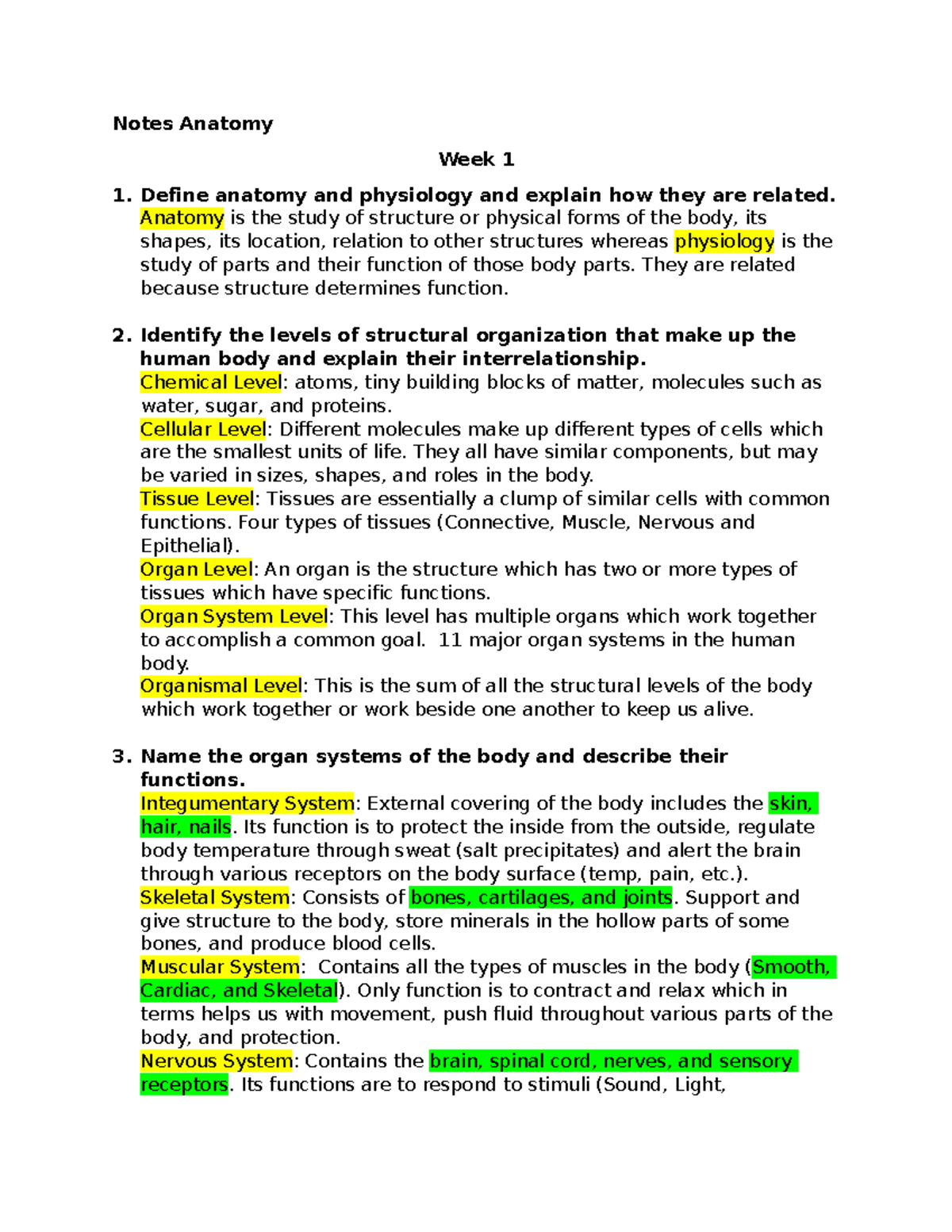 Anatomy Notes - work - Notes Anatomy Week 1 Define anatomy and ...