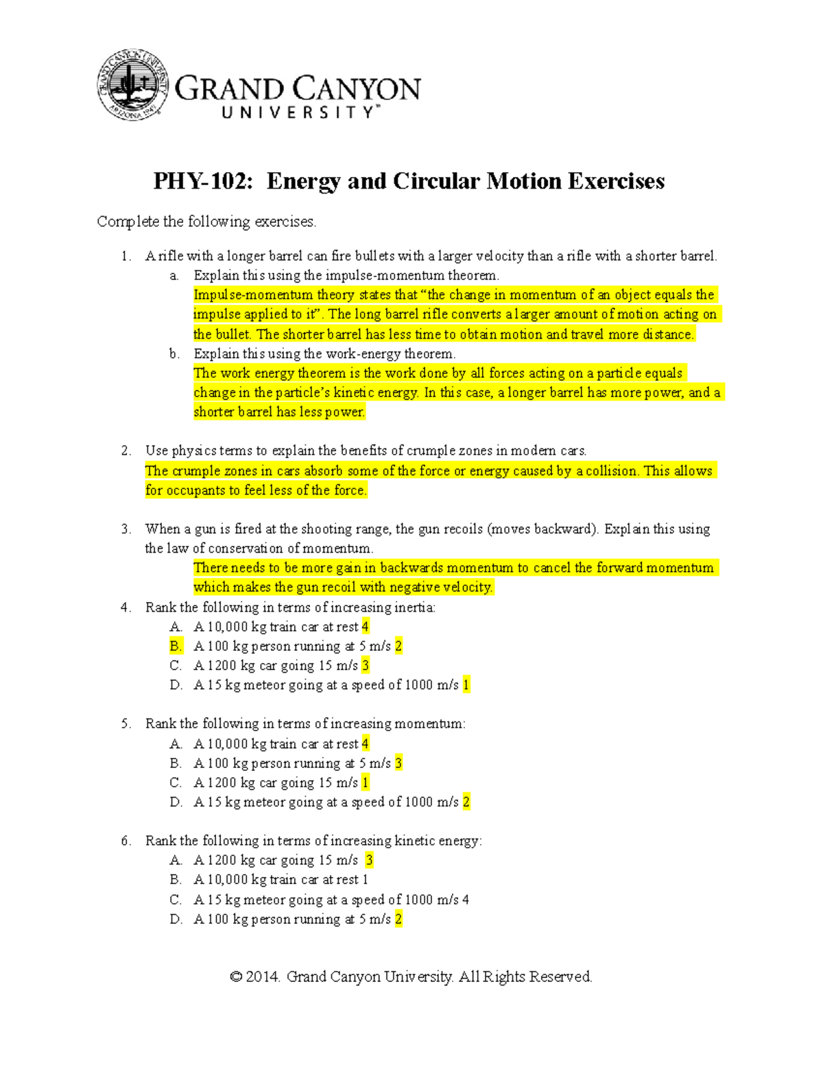 PHY 102 RS Energyand Circular Motion Exercises - PHY-102: Energy and Circular Motion Exercises ...