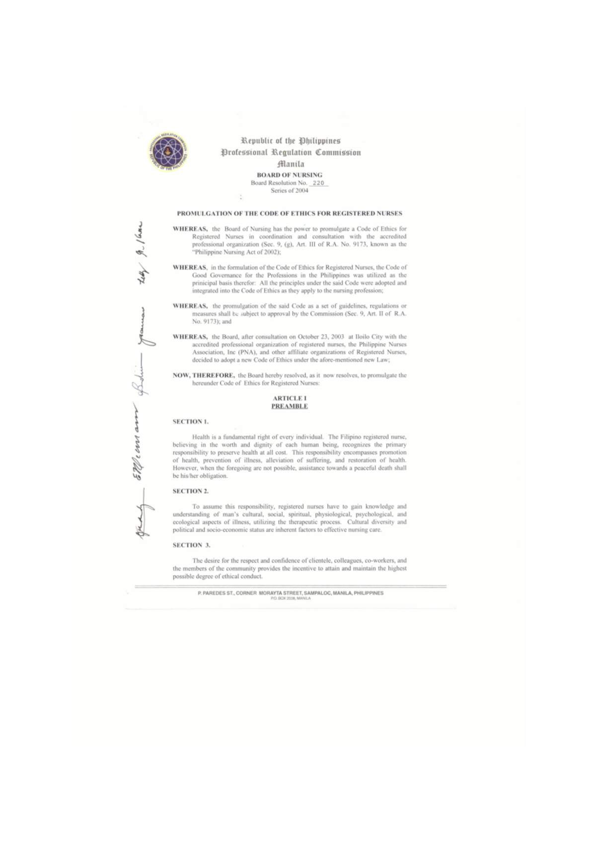 Nursing Code Ethics 2004 220 - REGULATION SECURITY STATEMENT Republic ...
