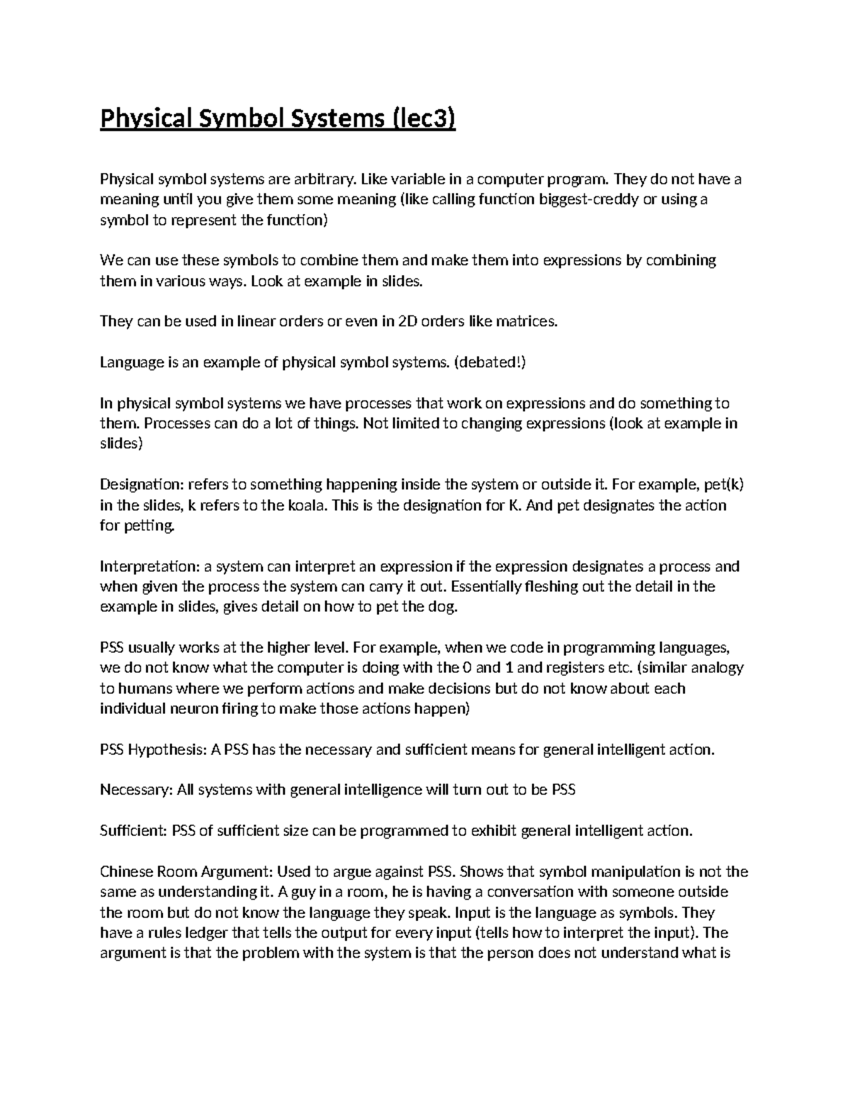 Lecture 3 - Physical Symbol Systems (lec3) Physical symbol systems are ...