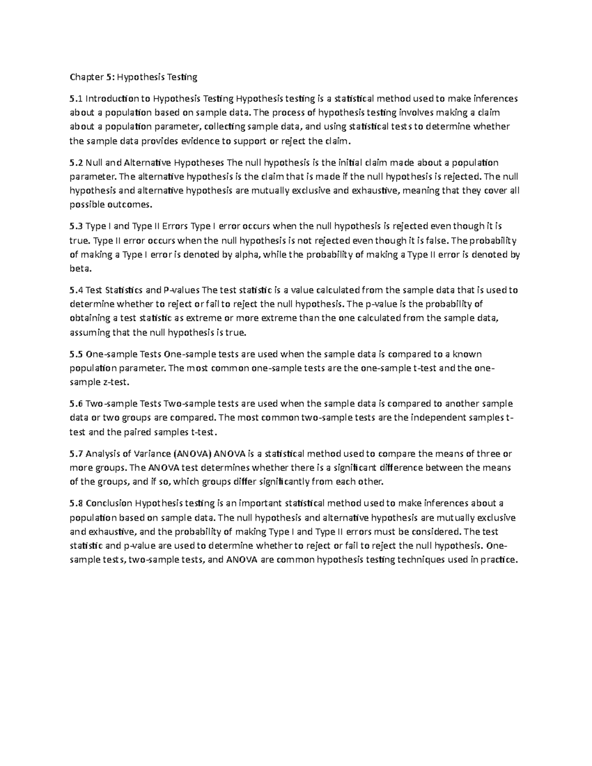 Managerial Statistics ch 5 - Chapter 5: Hypothesis Testing 5 ...