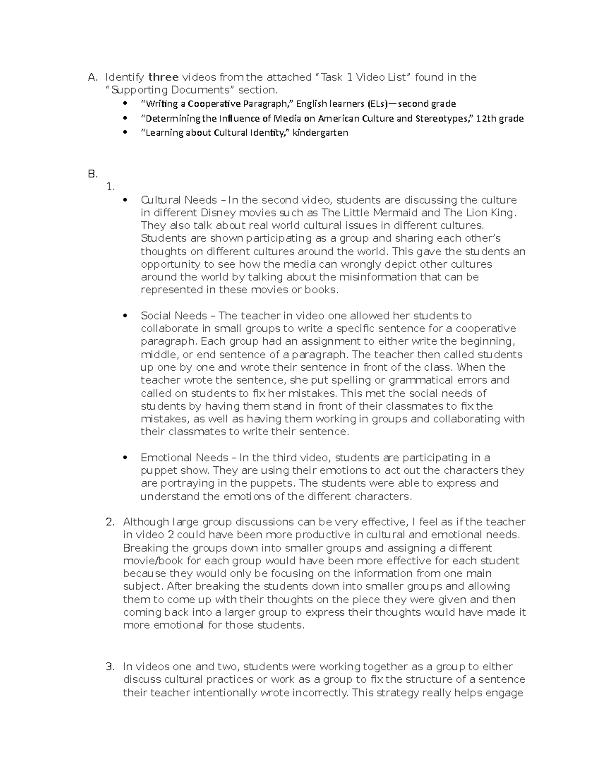 Task 1 - A. Identify three videos from the attached “Task 1 Video List ...