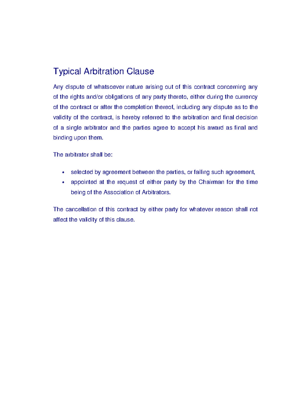 Typical arbitration clause - Typical Arbitration Clause Any dispute of ...
