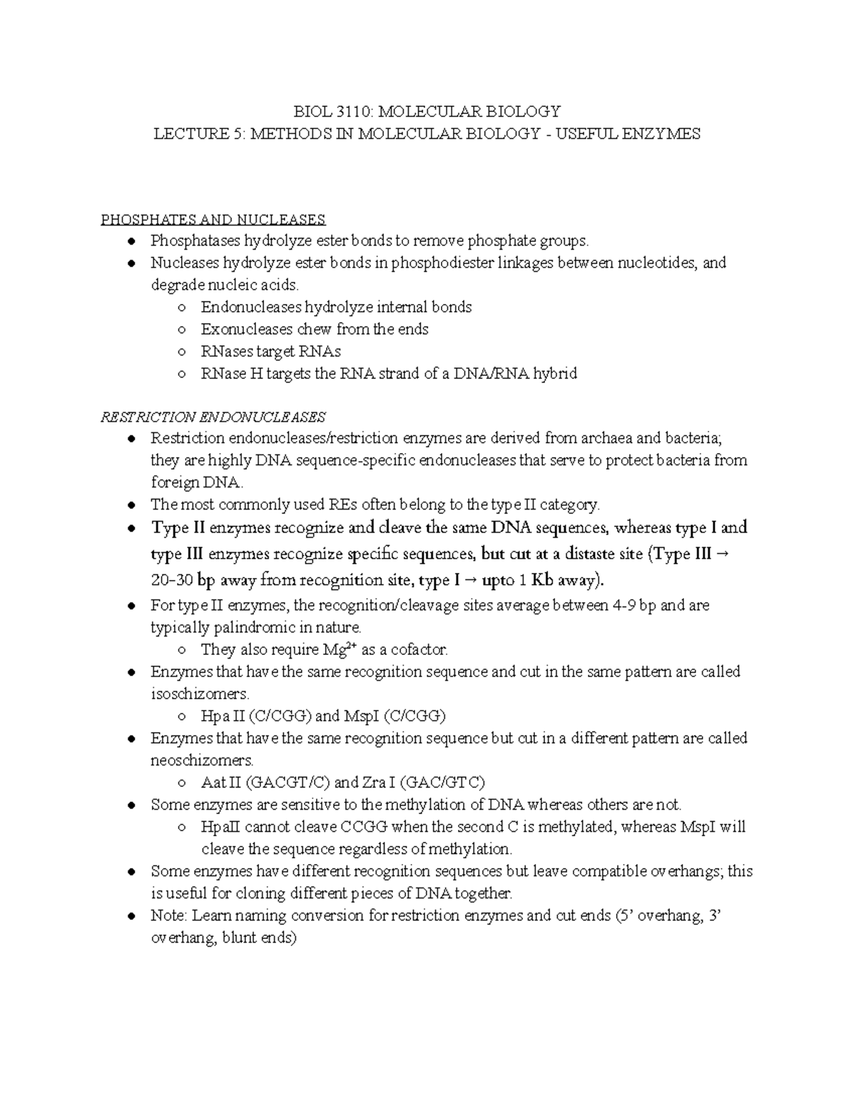 BIOL 3110 Lecture 5 - BIOL 3110: MOLECULAR BIOLOGY LECTURE 5: METHODS ...