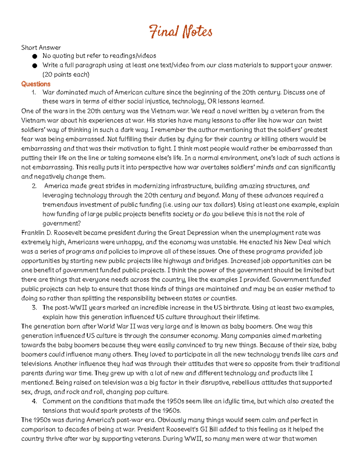 Final Details and Notes - Final Notes Short Answer No quoting but refer ...