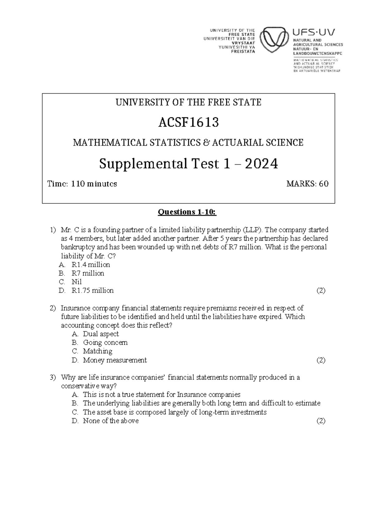 Sick Test 1 2024 - Questions 1-10: 1) Mr. C is a founding partner of a ...