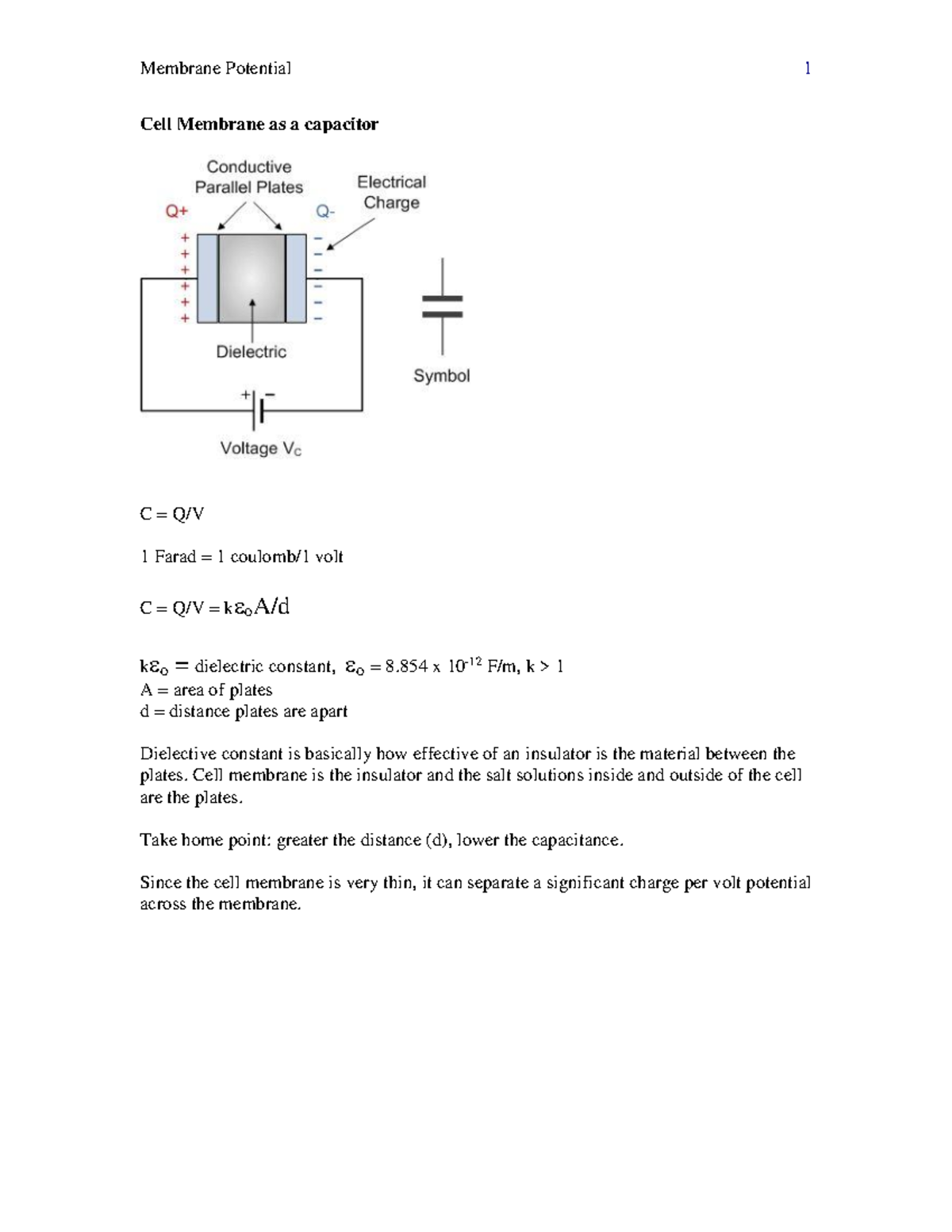 03Membrane potential - Cell Membrane as a capacitor C = Q/V 1 Farad = 1 ...
