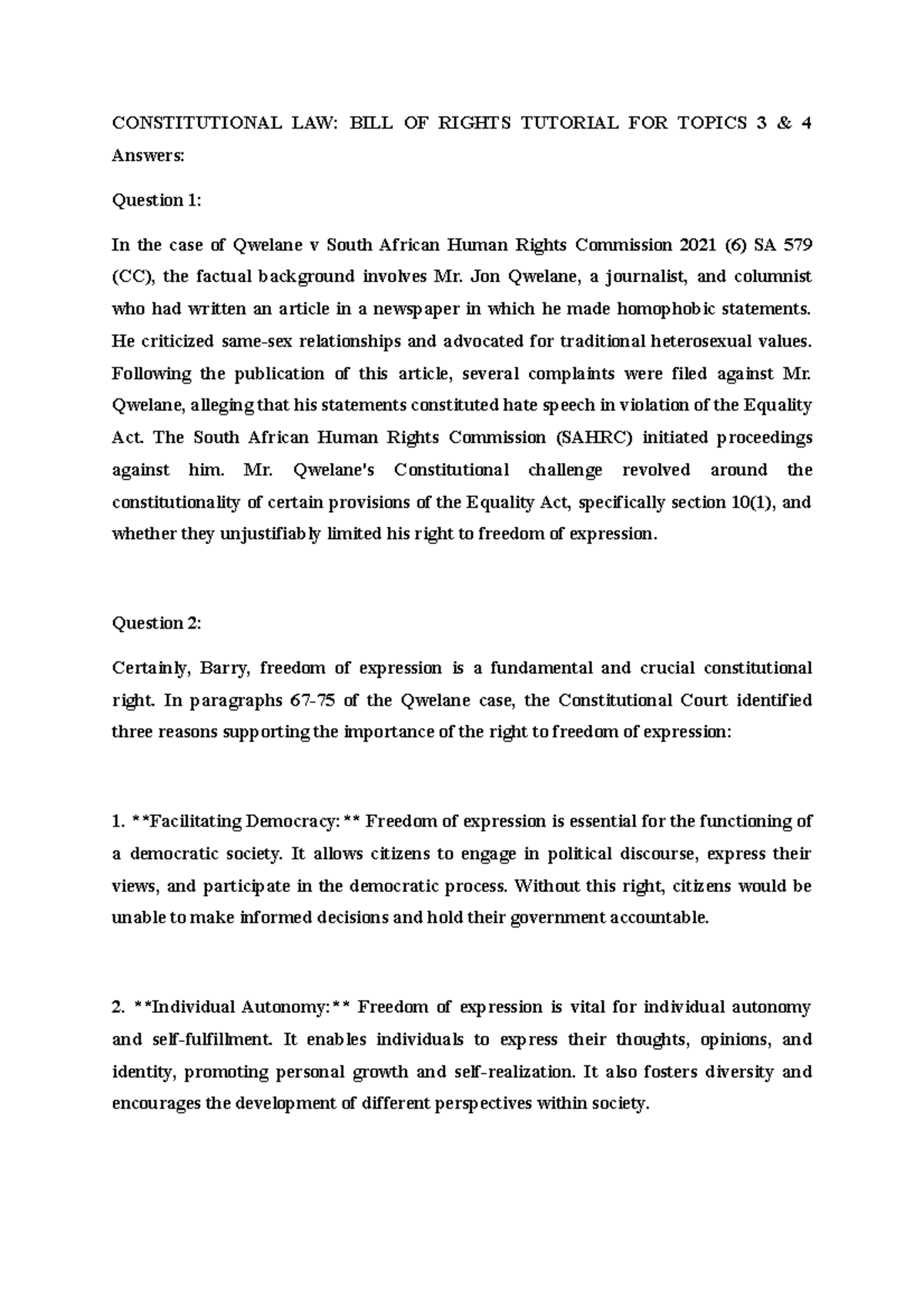Bo R Tut 3 and 4 answers - CONSTITUTIONAL LAW: BILL OF RIGHTS TUTORIAL ...