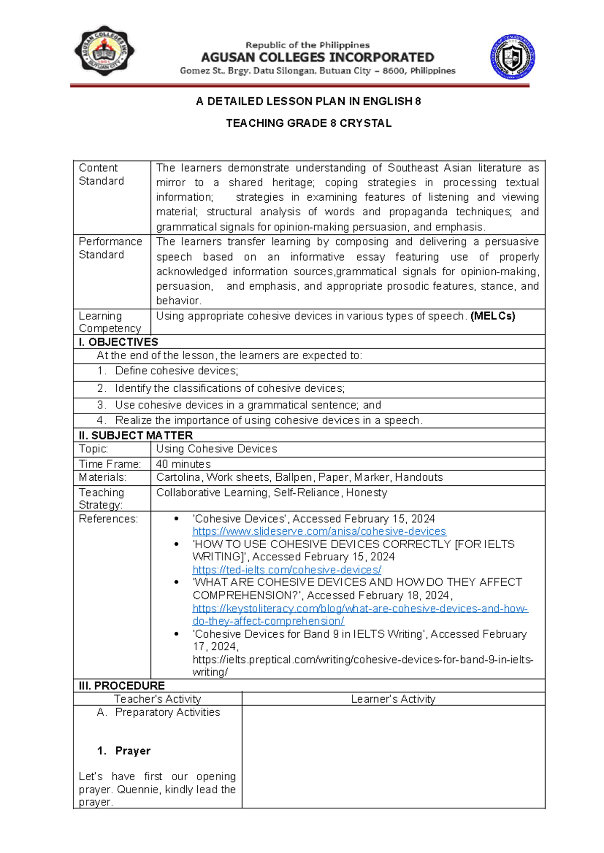 Cohesive Devices - A DETAILED LESSON PLAN IN ENGLISH 8 TEACHING GRADE 8 ...
