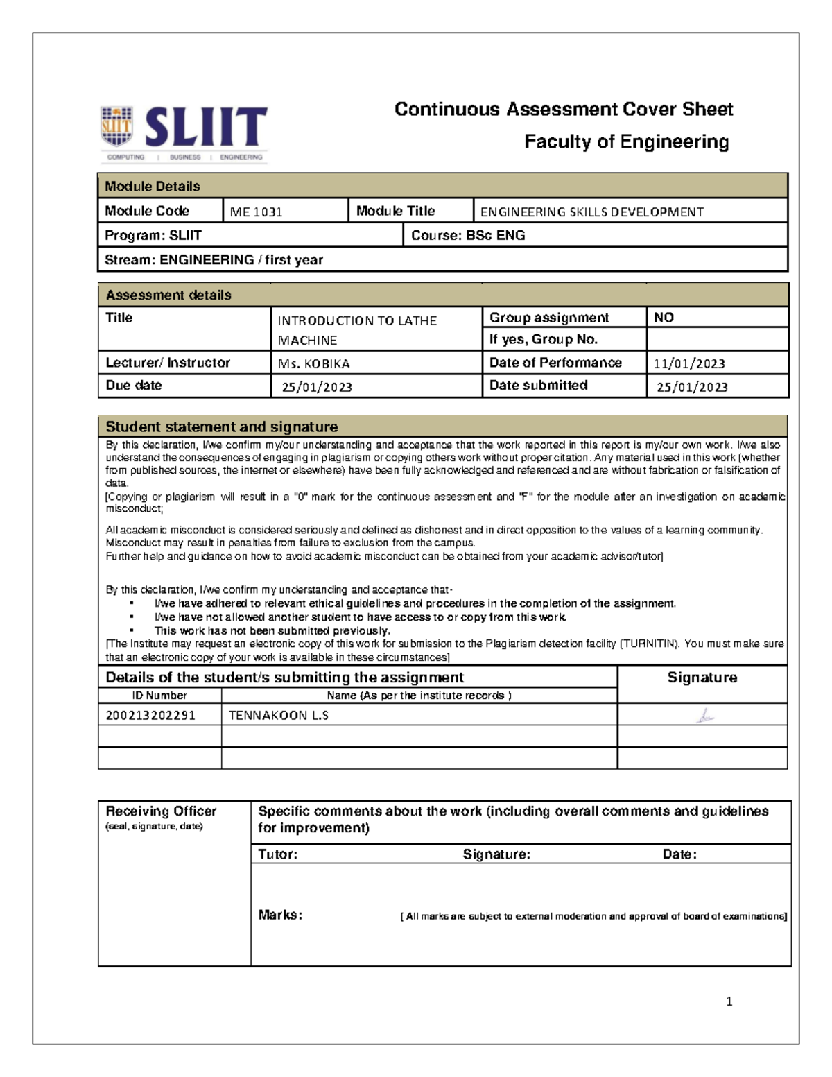 Lathe machine 2 - Continuous Assessment Cover Sheet Faculty of ...