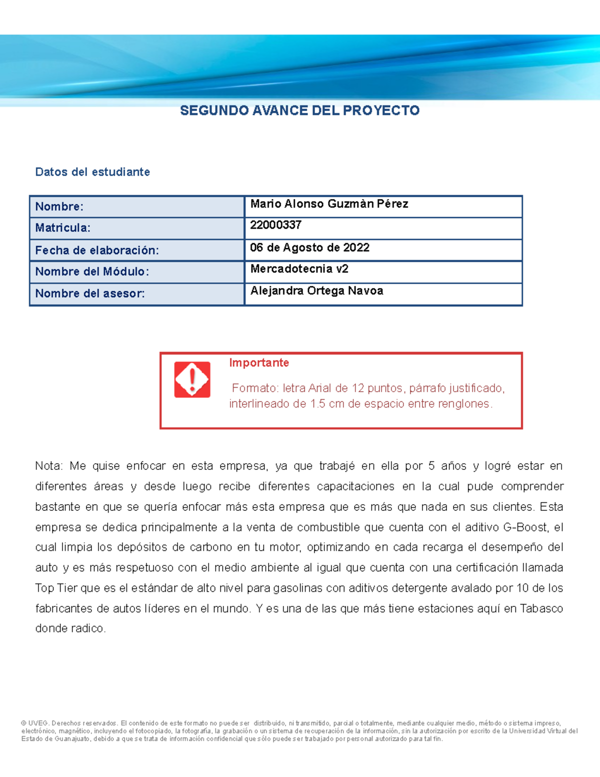Guzman Mario Segundo avance del proyecto - SEGUNDO AVANCE DEL PROYECTO Datos del estudiante ...