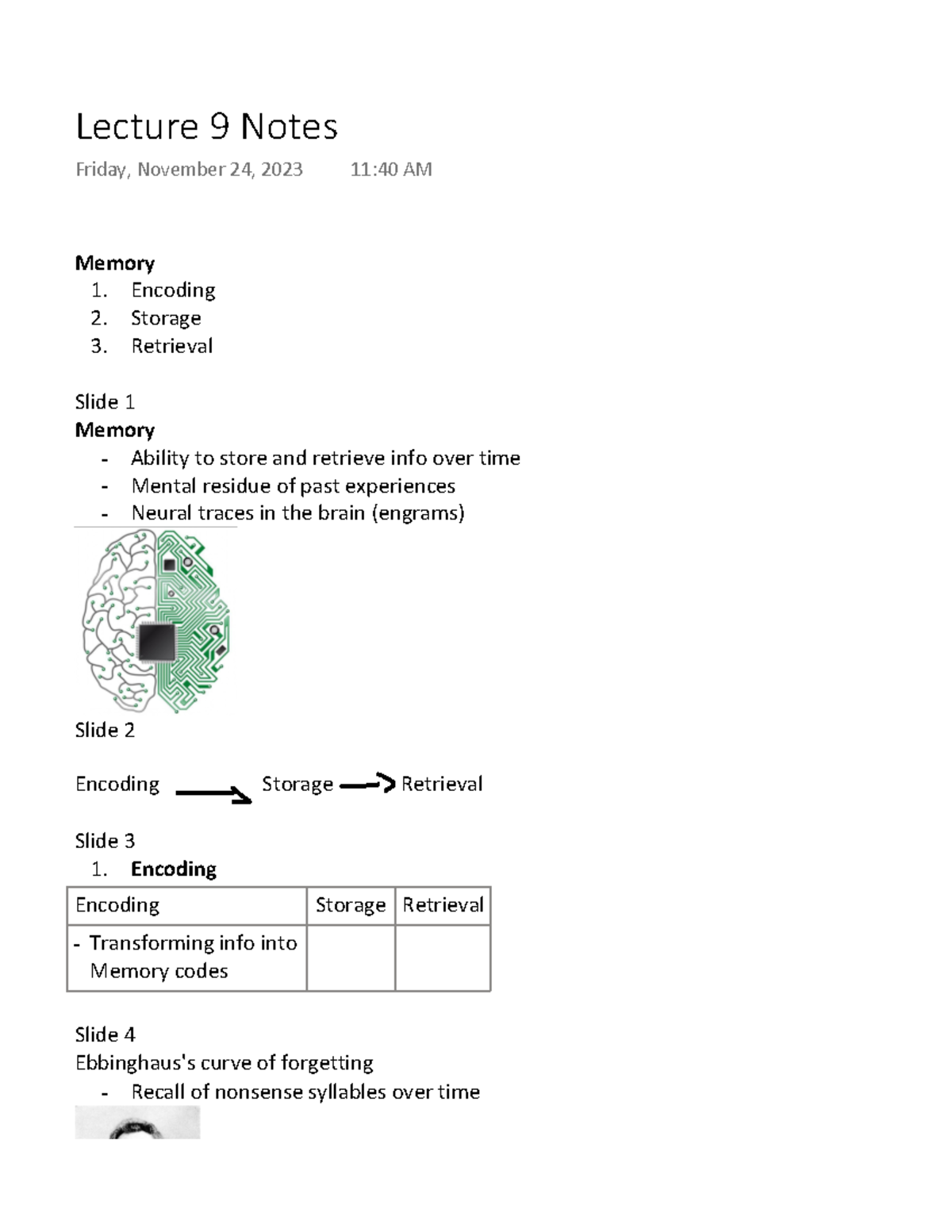 Lecture 9 Notes - Memory Encoding Storage Retrieval Slide 1 Memory ...