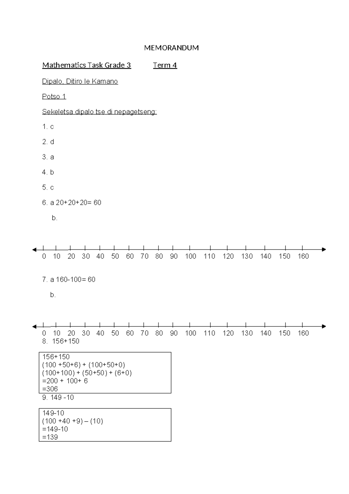 MEMO Dipalo, Ditiro LE Kamano - MEMORANDUM Mathematics Task Grade 3 ...
