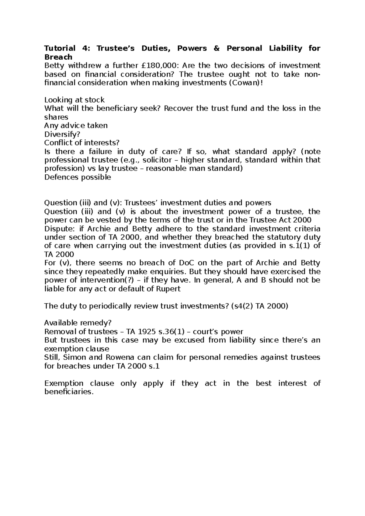 Tutorial 4 note - Summary Equity and Trusts - Tutorial 4: Trustee’s ...