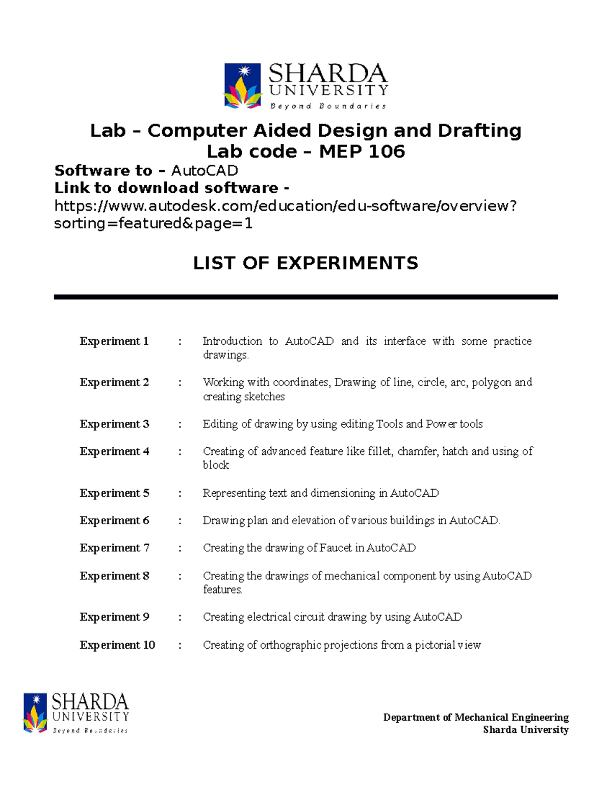 List of exercises and LAB Manual MEP 106 - Lab – Computer Aided Design ...