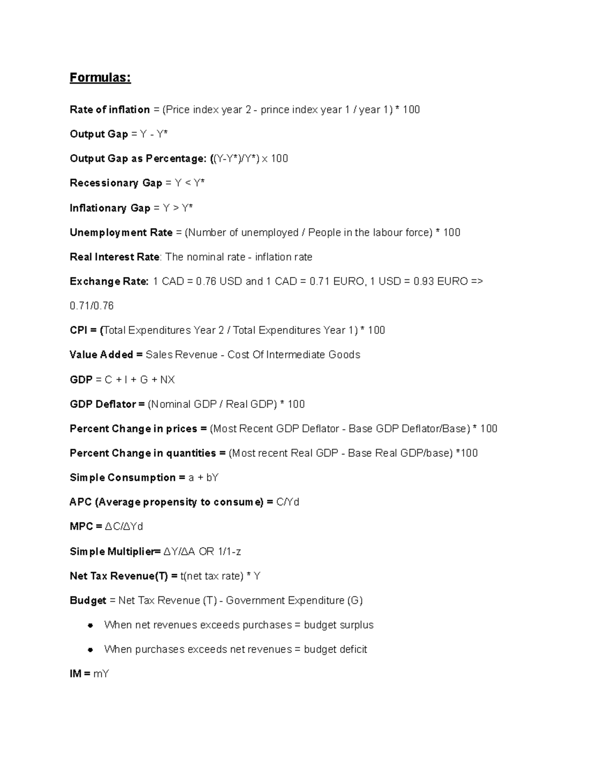 Midterm 1 Notes - Formulas: Rate of inflation = (Price index year 2 ...