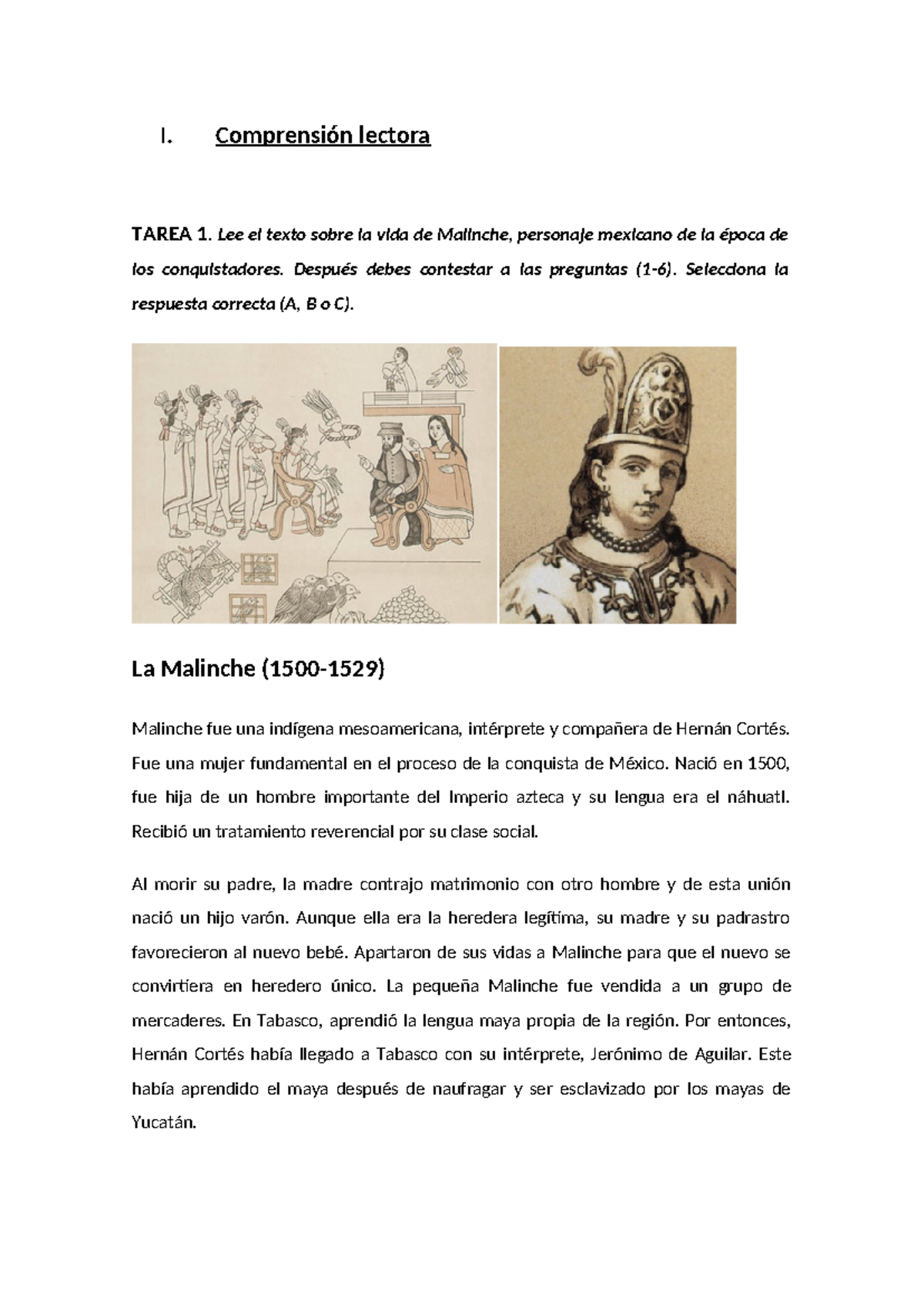 La Malinche - Texte et avec question corrigees - I. Comprensión lectora ...