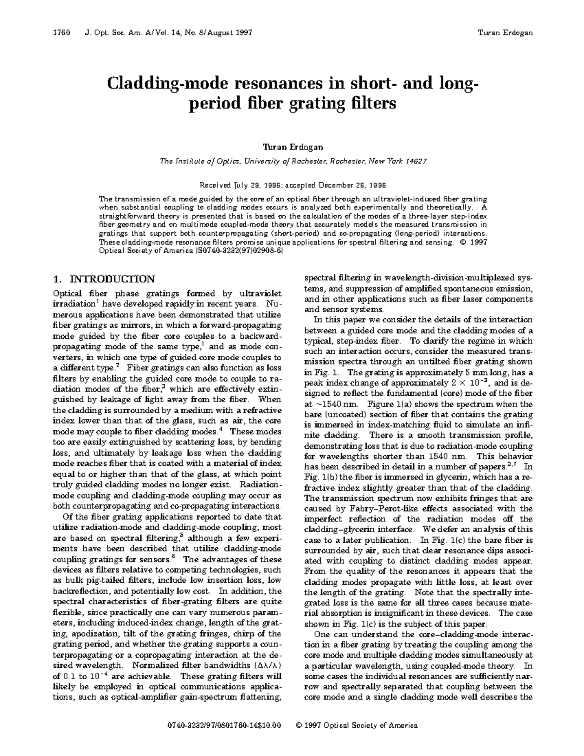 Cladding Mode Resonances - Turan Erdogan - Cladding-mode resonances in ...