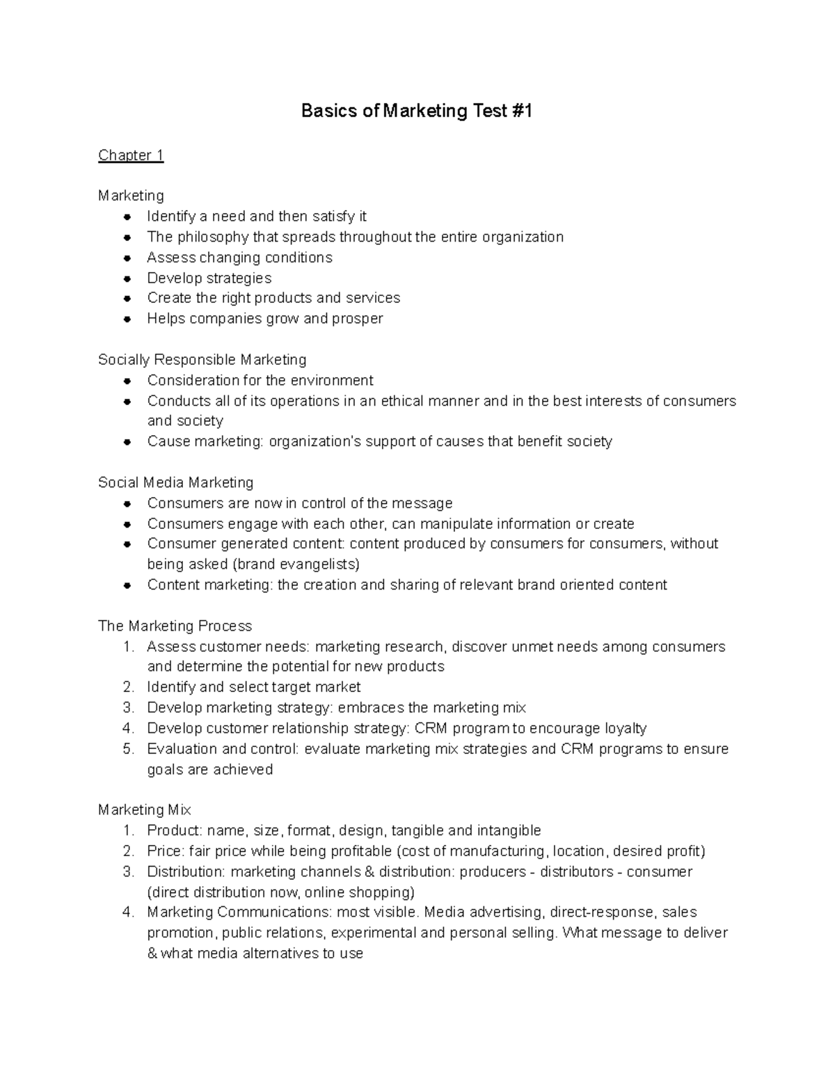 Basics of Marketing Test #1 - Basics of Marketing Test Chapter 1 ...