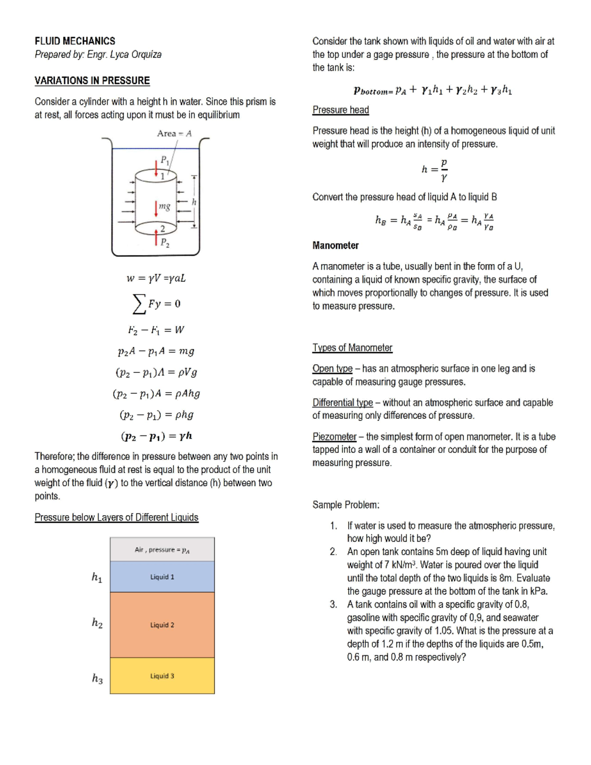 BES 060 Variations in Pressure - FLUID MECHANICS Consider the tank ...