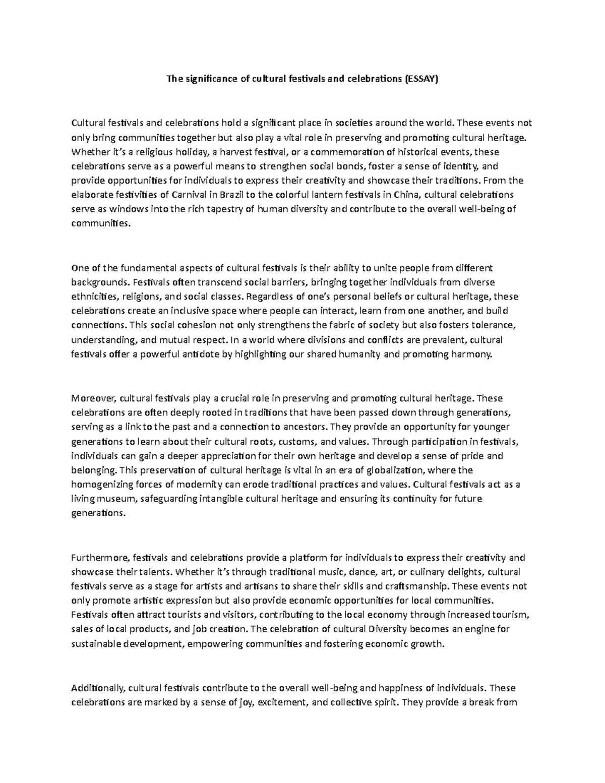 The significance of cultural festivals and celebrations (Essay) - The ...