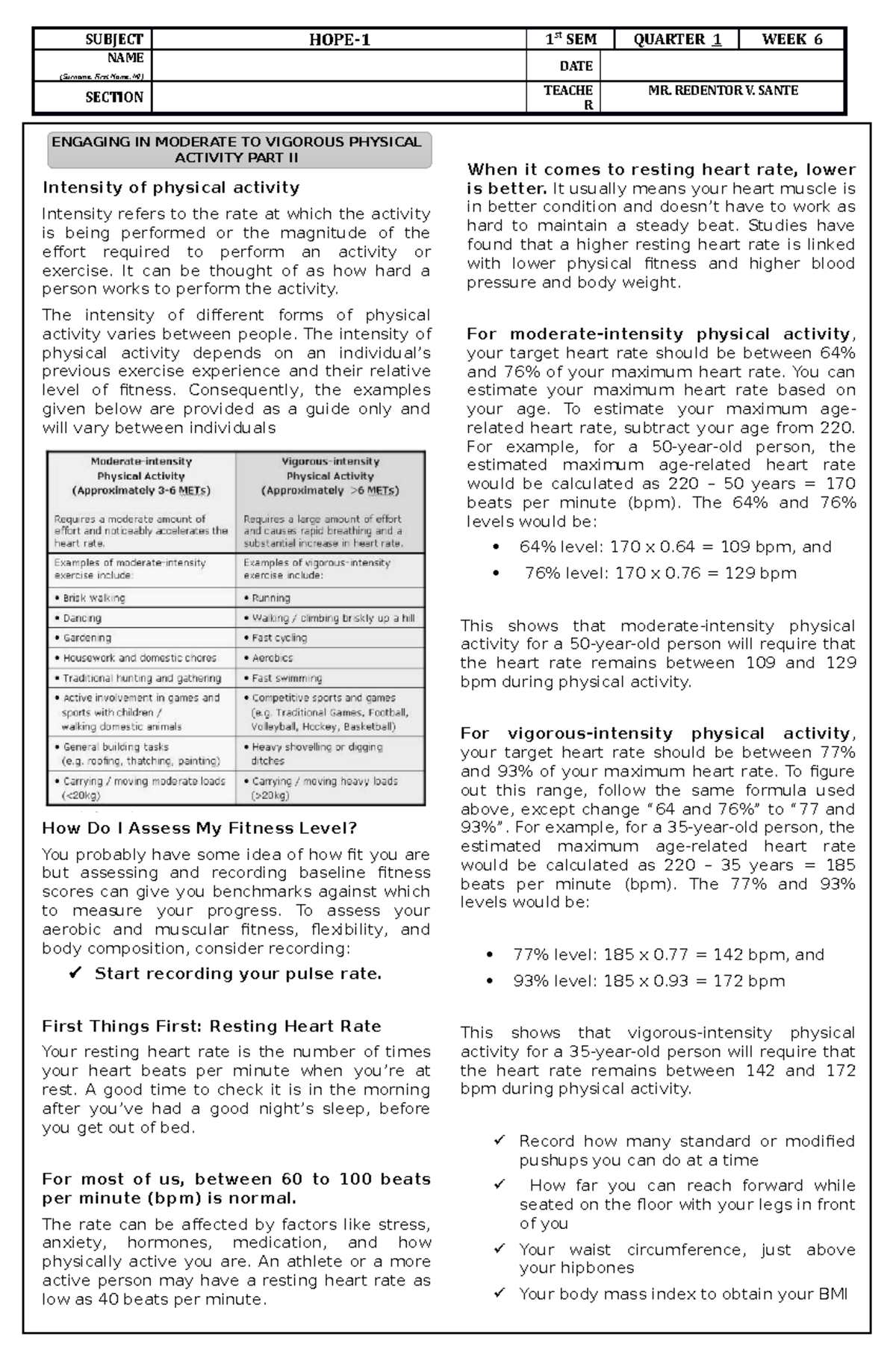 HOPE Module and Worksheet Q1 WEEK 6 - SUBJECT HOPE-1 1 st SEM QUARTER 1 ...