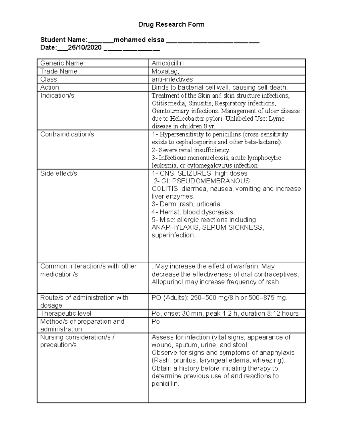 Amoxicillin - m zxk mzkx - Drug Research Form Student Name ...