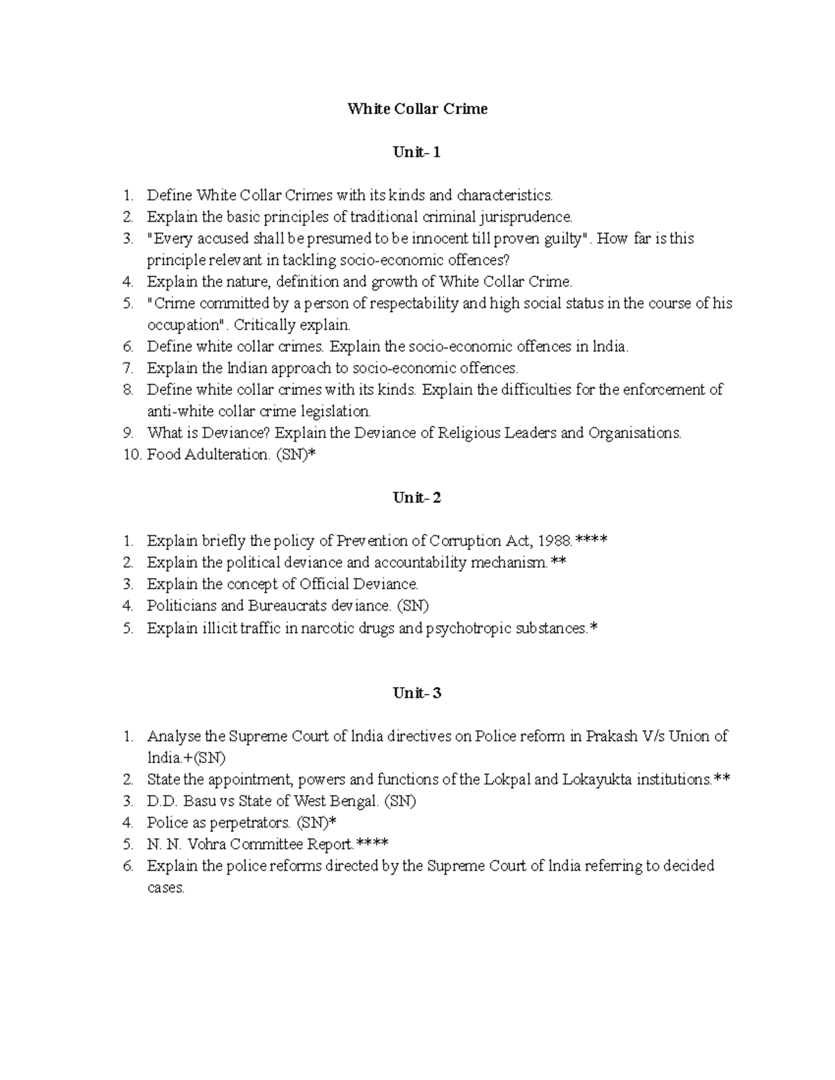 White Collar Crime (Q) - White Collar Crime Unit- 1 Define White Collar ...