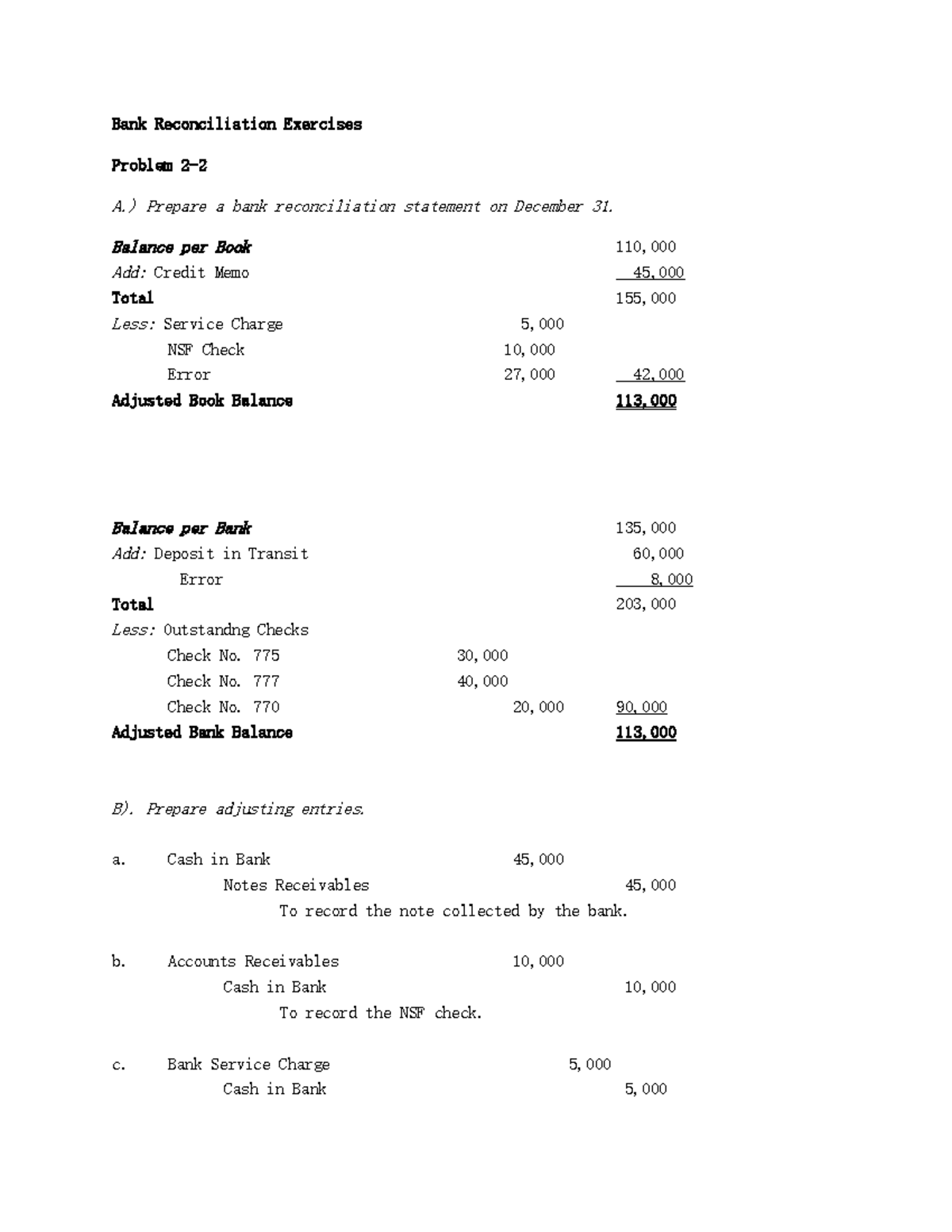 Briones BANK Reconcillation - Bank Reconciliation Exercises Problem A ...