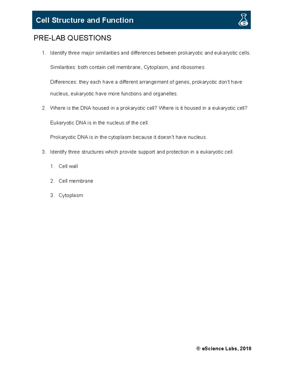 BIO 111 Lab 4 answers - PRE-LAB QUESTIONS 1. Identify three major ...