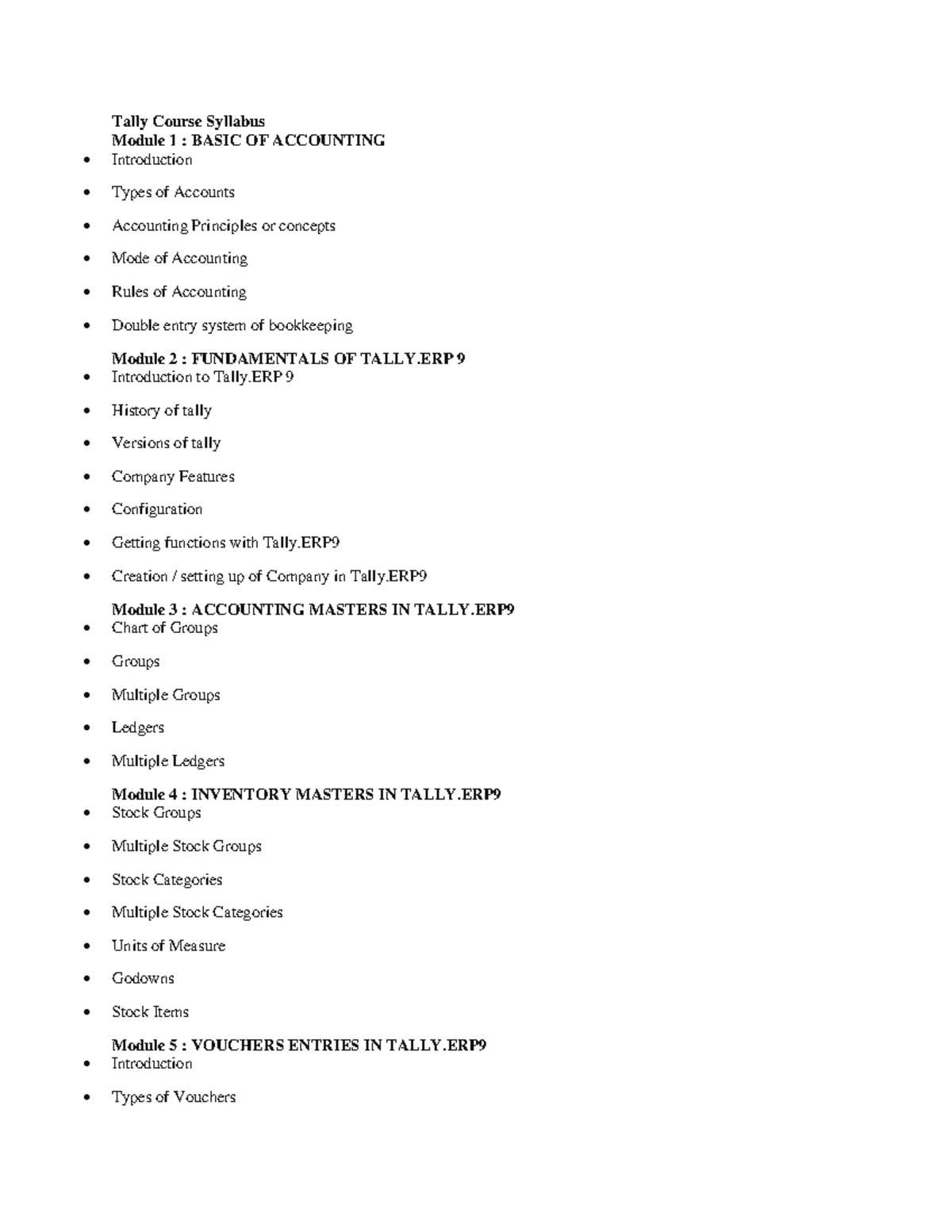 Tally Course Syllabus - Tally Course Syllabus Module 1 : BASIC OF ...