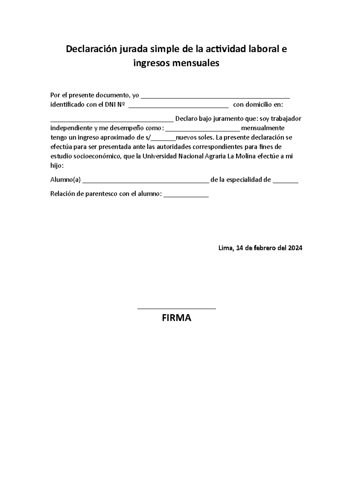Declaración jurada simple de la actividad laboral e ingresos mensuales - Declaración jurada ...