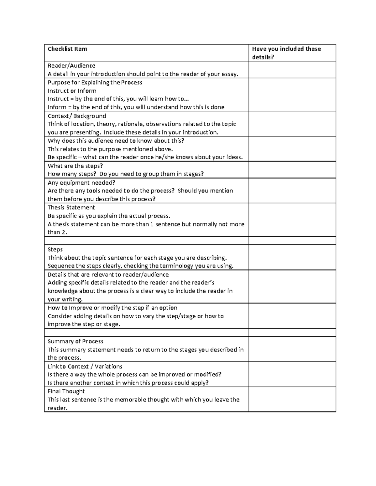 Checklist for Writing a Process Essay - Checklist Item Have you ...