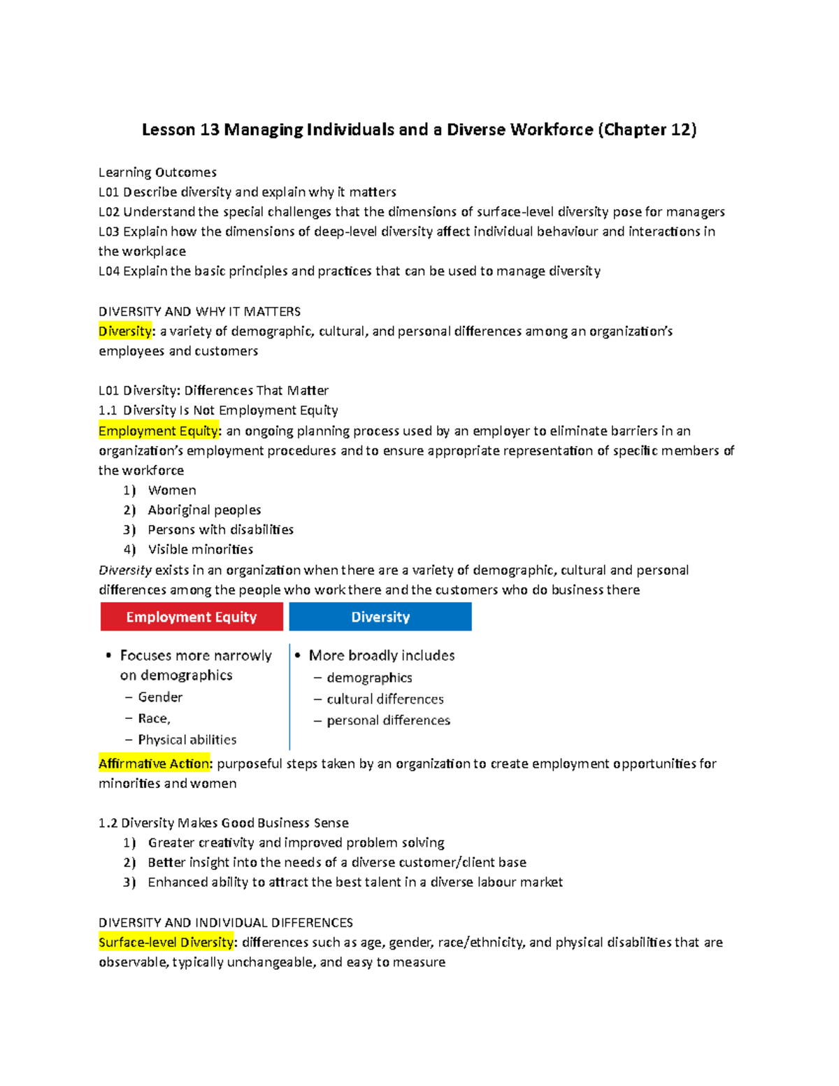 Lesson 13 Managing Individuals and Diverse Workforce - Lesson 13 ...