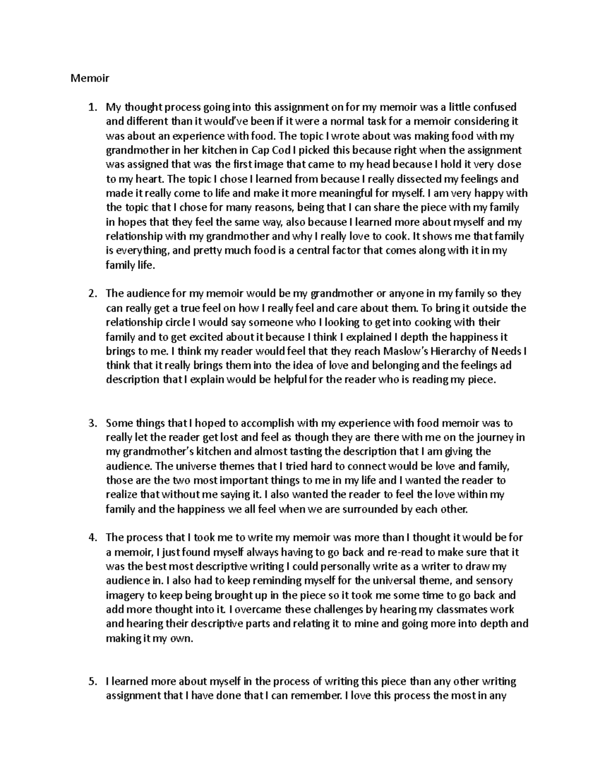 Writing Portfolio - Memoir My thought process going into this ...