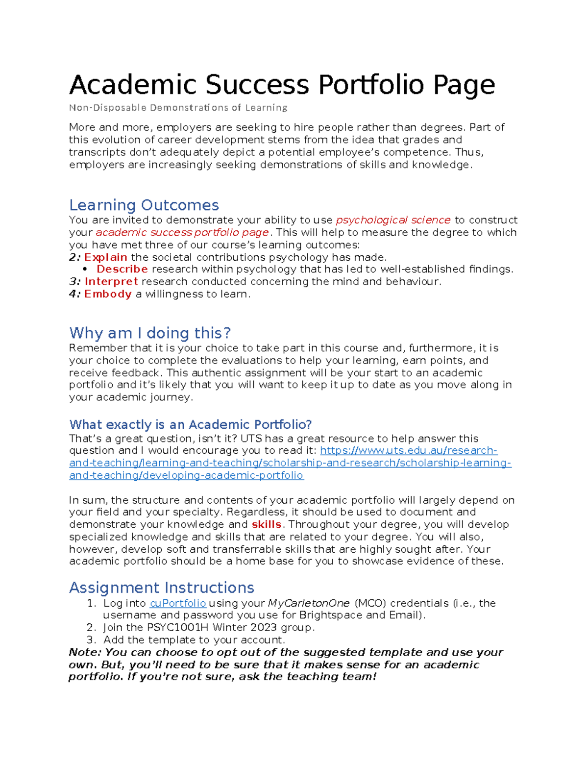 Academic Success Portfolio Page Assignment Instructions - Academic ...