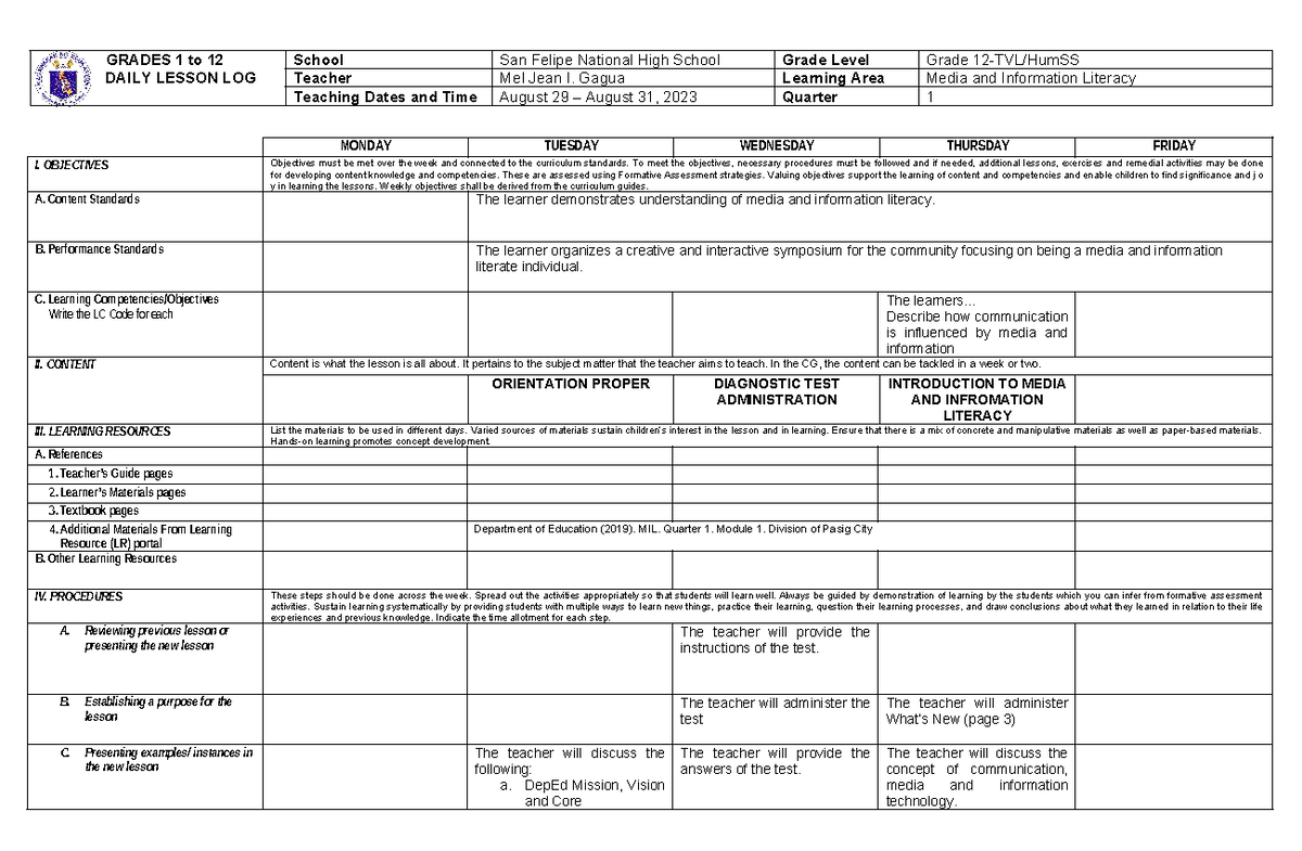 Q1 WEEK 1 - GRADES 1 to 12 DAILY LESSON LOG School San Felipe National ...