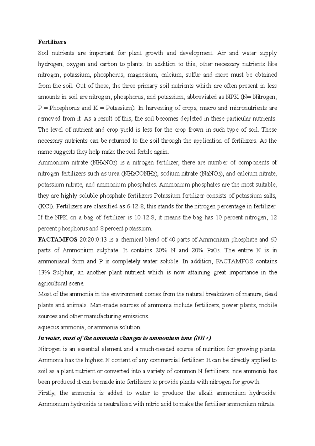 Fertilizers - Its lecture notes - Fertilizers Soil nutrients are ...