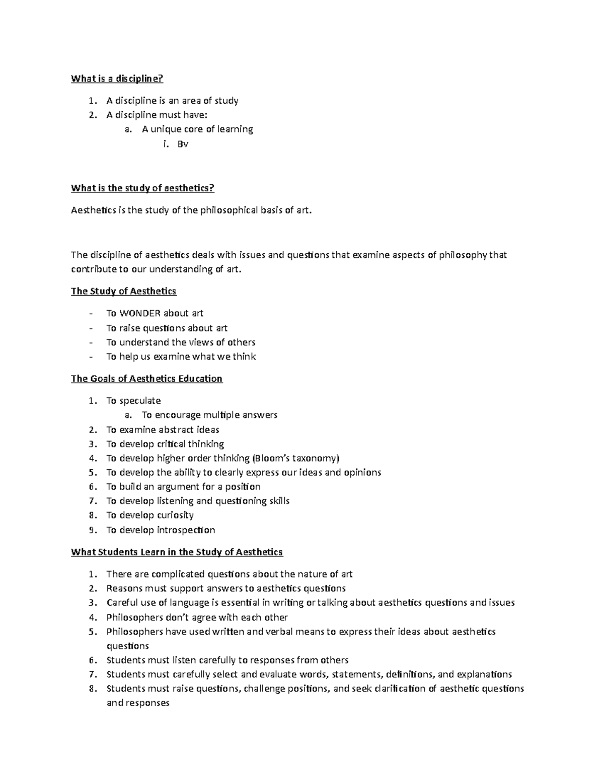 Aesthetics Notes - Dr. Bob Fall 2022 Semester - What is a discipline? A ...