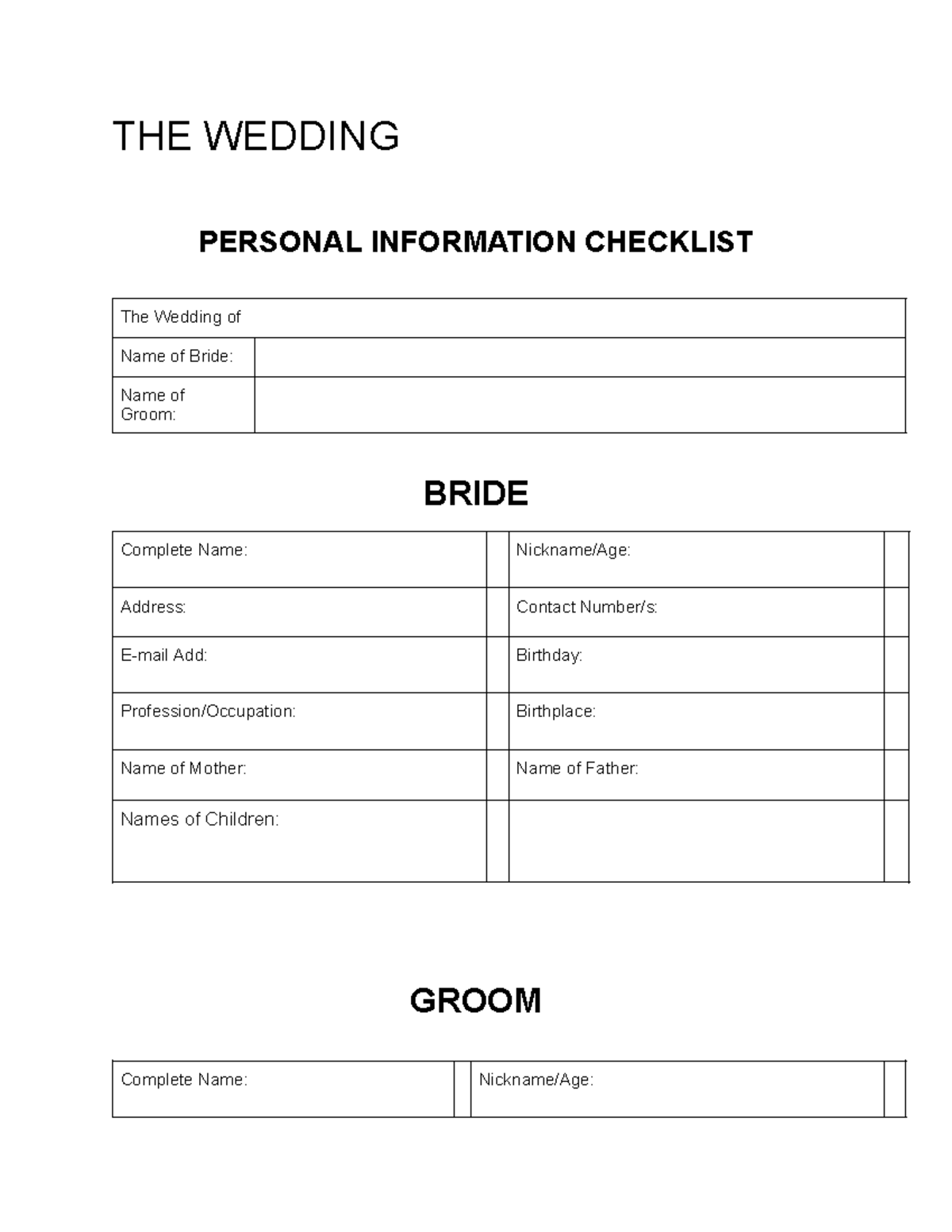 THE Wedding - THE WEDDING PERSONAL INFORMATION CHECKLIST The Wedding of ...