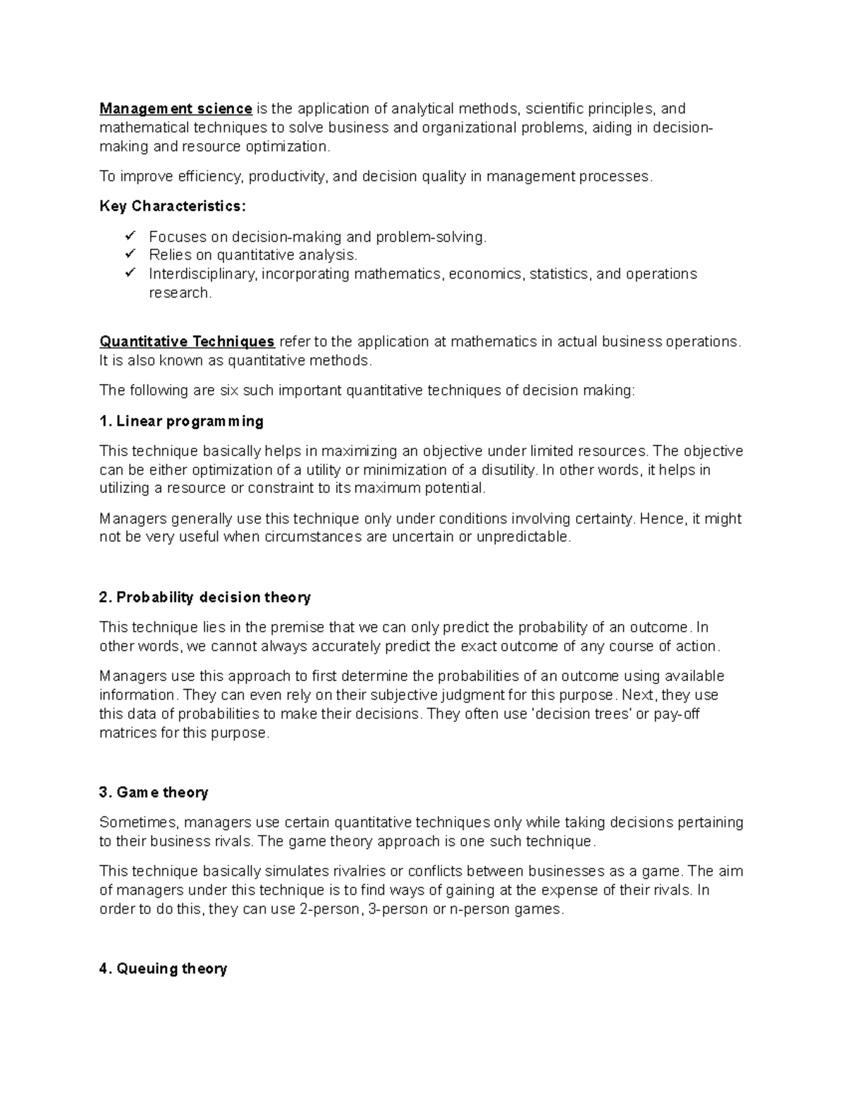 Management Science Handouts 1 - Management science is the application ...