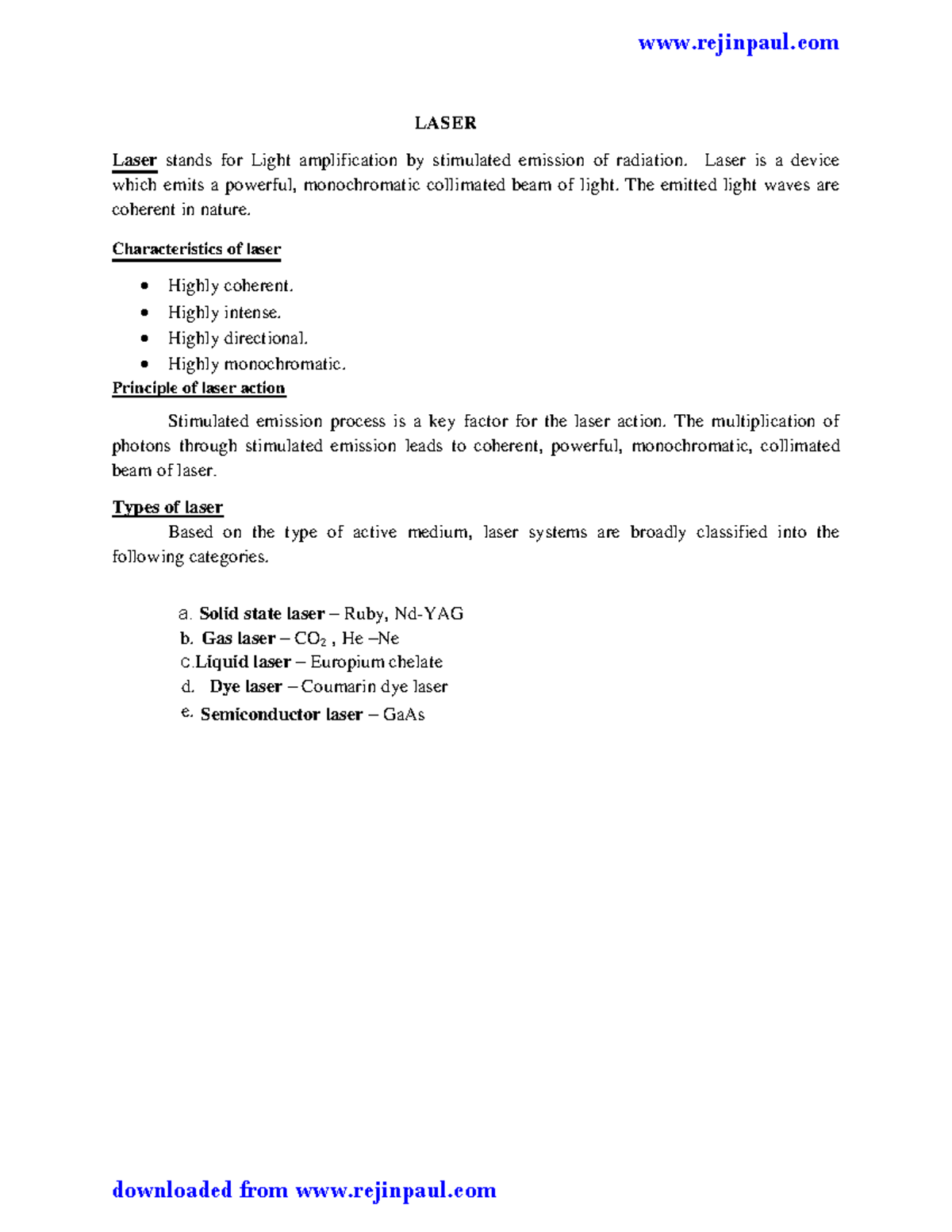 Lasernotes unit 1 physics - Characteristics of laser Highly coherent ...