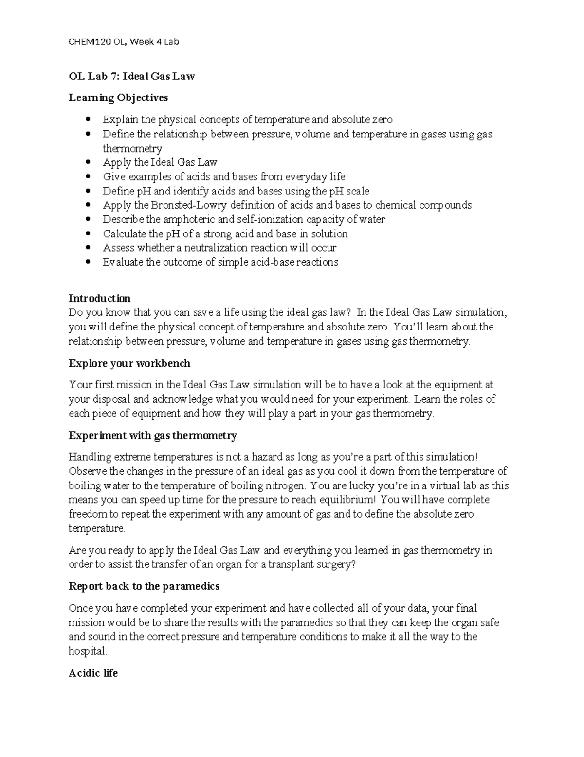 WK 4 Lab- Ideal Gas Law and Acids and Bases - OL Lab 7: Ideal Gas Law ...