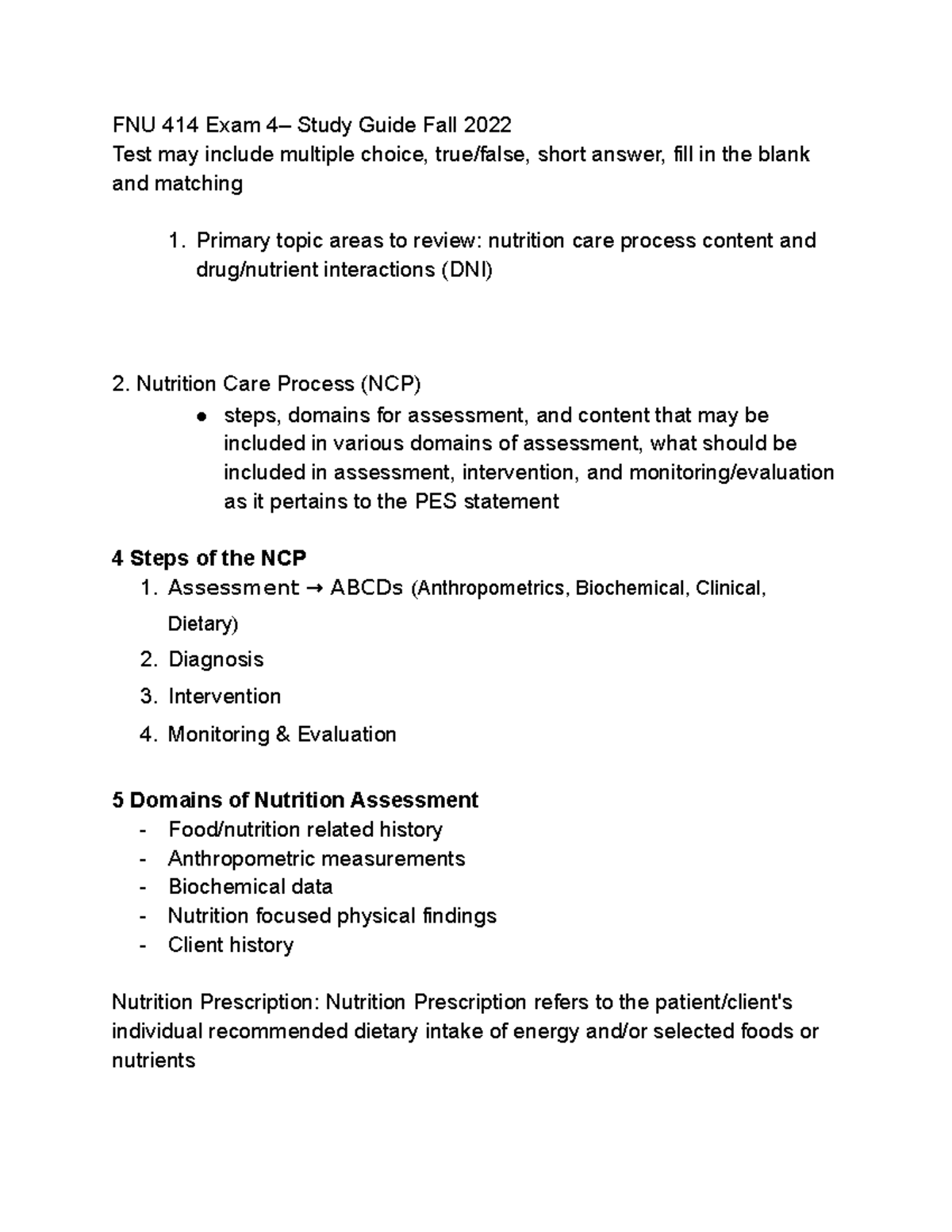 FNU 414 Exam 4– Study Guide Fall 2022 - FNU 414 Exam 4– Study Guide ...