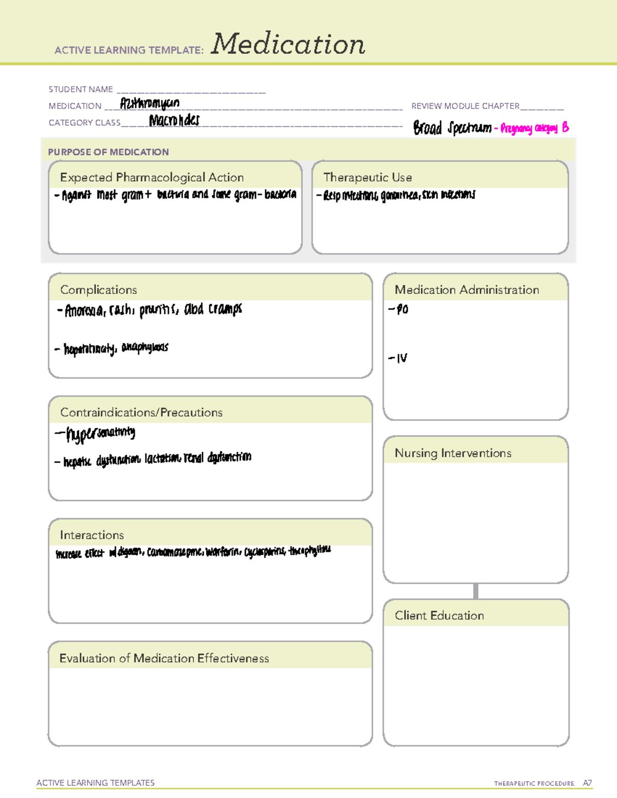 Macrolides etc Active Learning Template medication+study+guide Copy - STUDENT NAME - Studocu