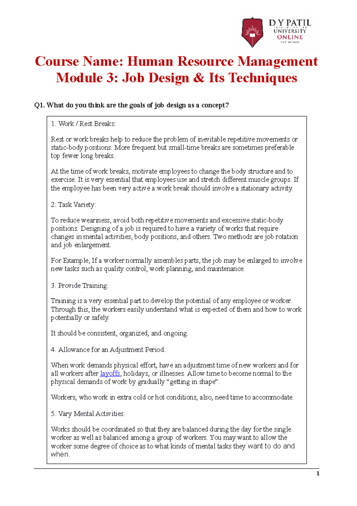 Assignement Mod 3 Job Design and its Techniques - Course Name: Human ...