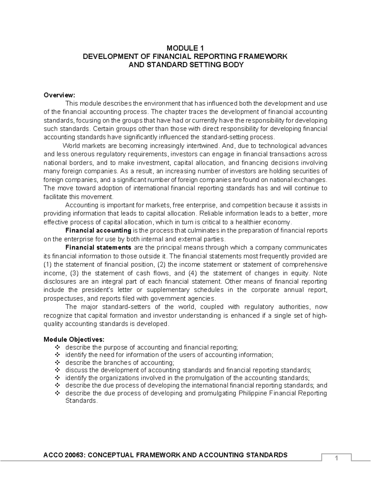 Module 1 - Development of Financial Reporting Framework and Standard ...