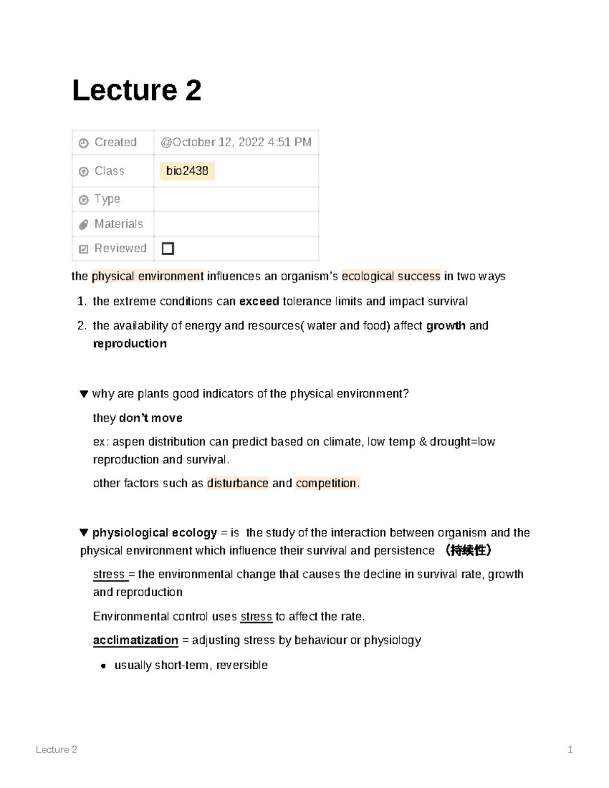 Lecture 2 - midterm revision - Lecture 2 Created Class bio Type Materials Reviewed the physical ...