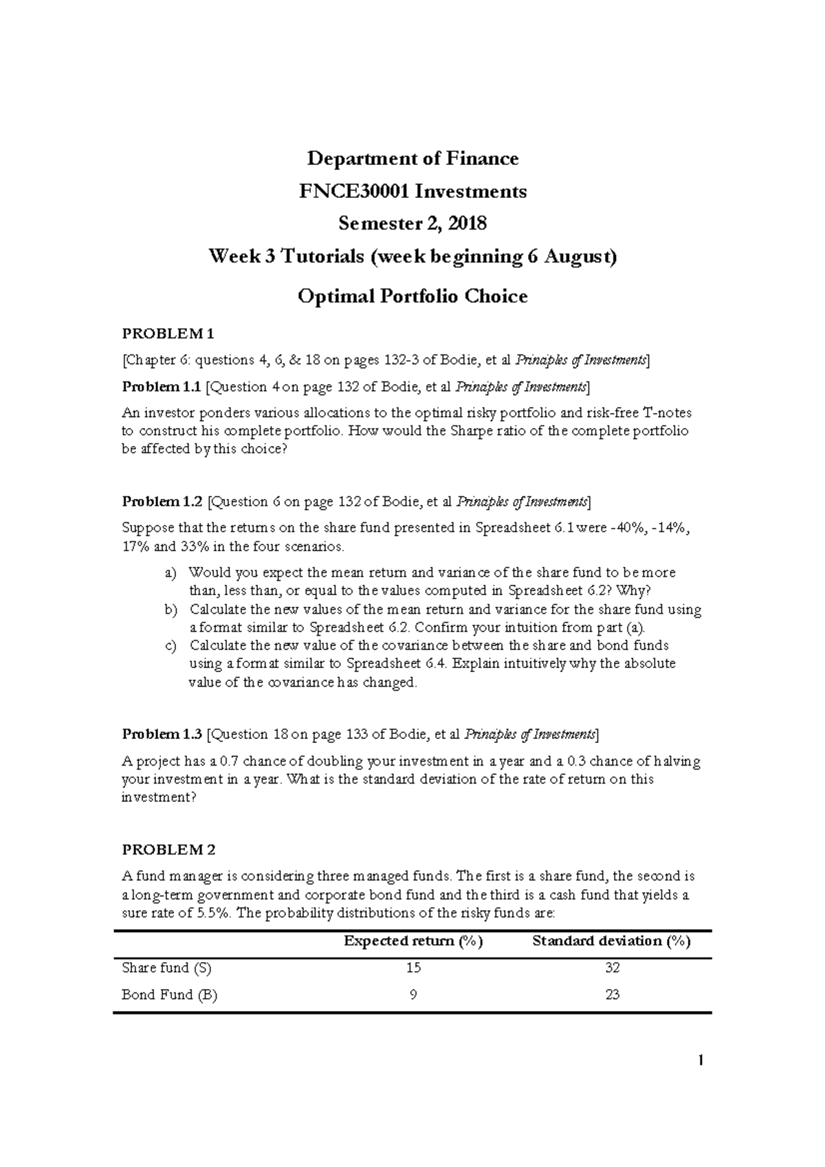 Tutorial Questions Week 3 - Department of Finance FNCE30001 Investments ...