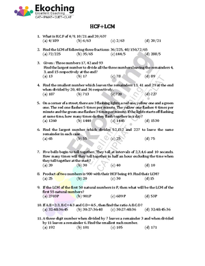 HCF and LCM - sdfgh - HCF+LCM What is H.C of 4/9, 10/21 and 20/63? (a) 4/189 (b) 6/63 (c) 2/63 ...